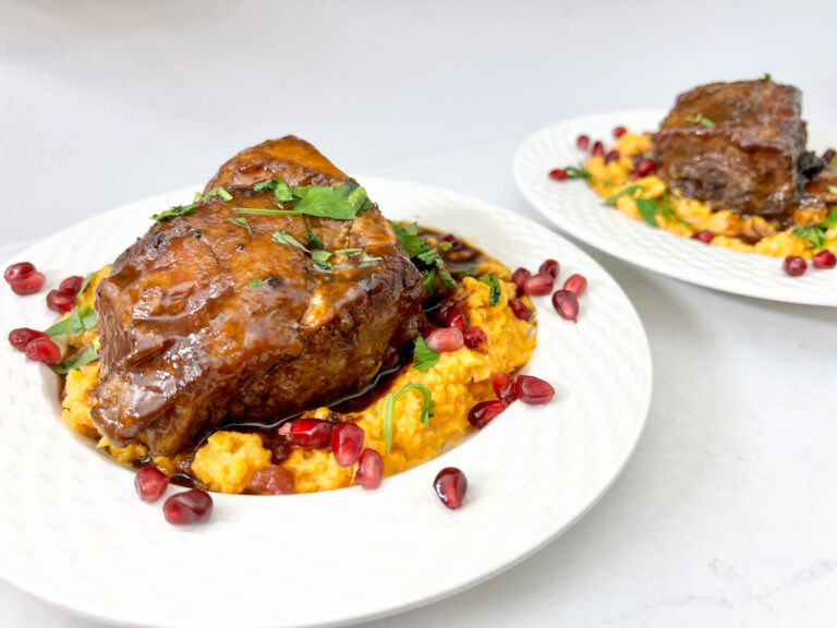 Braised Short Ribs with Pomegranate Molasses Jus on Sweet Potato Mash ...